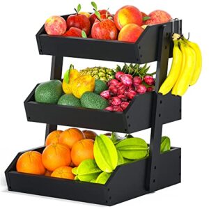 gmtsl bamboo fruit basket – 3 tier fruit bowl for kitchen counter, large capacity fruit holder with 2 banana hangers, idea for fruit and vegetable storage, bread basket, snack organizer(black)