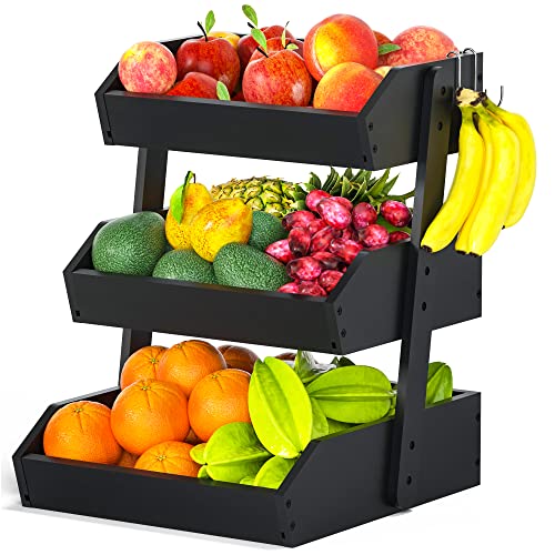 Gmtsl Bamboo Fruit Basket – 3 Tier Fruit Bowl For Kitchen Counter, Large Capacity Fruit Holder With 2 Banana Hangers, Idea For Fruit and Vegetable Storage, Bread Basket, Snack Organizer(BLACK)