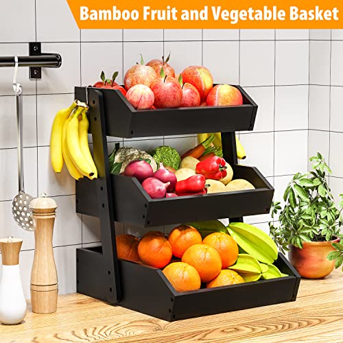 Gmtsl Bamboo Fruit Basket – 3 Tier Fruit Bowl For Kitchen Counter, Large Capacity Fruit Holder With 2 Banana Hangers, Idea For Fruit and Vegetable Storage, Bread Basket, Snack Organizer(BLACK)