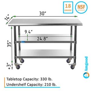 Stainless Steel Work Table with 2 Shelves with Casters | Metal Utility Table | Commercial & Residential NSF Utility Table (Stainless Steel Table with 2 Shelves, 30" Long x 14" Deep)