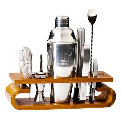 MIX IT SHAKE IT 10-Piece Premium Bartender Kit with Designer Bamboo Stand, Bar Tool Set | Perfect Home Bar Set & Martini Cocktail Shaker Set | Perfect for Gift, Drink Mixing & Party (Silver)