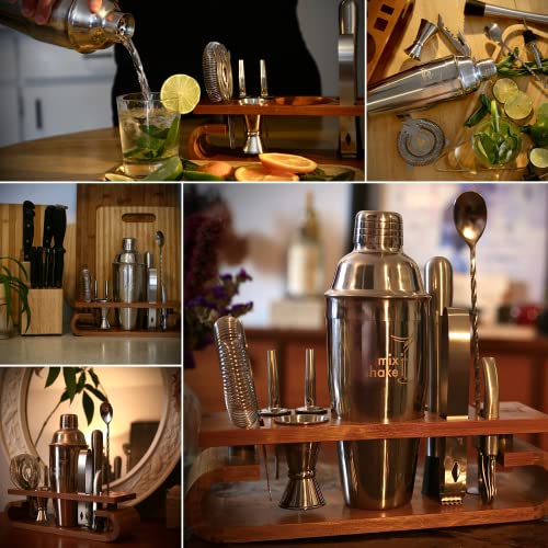 MIX IT SHAKE IT 10-Piece Premium Bartender Kit with Designer Bamboo Stand, Bar Tool Set | Perfect Home Bar Set & Martini Cocktail Shaker Set | Perfect for Gift, Drink Mixing & Party (Silver)