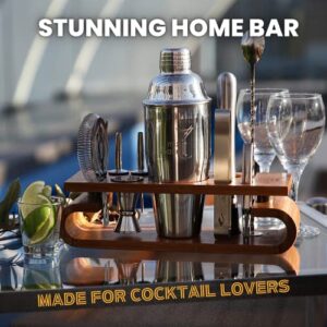 MIX IT SHAKE IT 10-Piece Premium Bartender Kit with Designer Bamboo Stand, Bar Tool Set | Perfect Home Bar Set & Martini Cocktail Shaker Set | Perfect for Gift, Drink Mixing & Party (Silver)