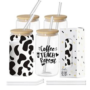 merryjoy 4 pack sublimation glass blanks with bamboo lid,16 oz clear glass cups with lids and glass straws,sublimation glass can,sublimation glass blanks for iced coffee,juice,soda,drinks,beer