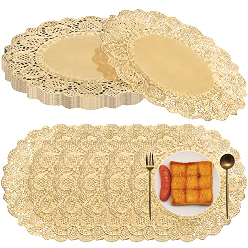 200 Pcs Gold Paper Doilies for Tables Set Lace Round Paper Placemats Decorative Disposable Placemats Doily Paper Pad for Dinner Plates Cake Dessert Crafts Wedding Tableware Party Decor (12 Inch)