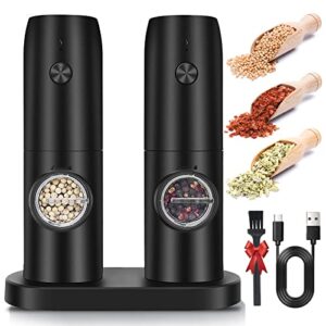 electric salt and pepper grinder set, akosco usb rechargeable with led light, one hand operation pepper grinder, adjustable coarseness, kitchen gadgets refillable base, 2 pack