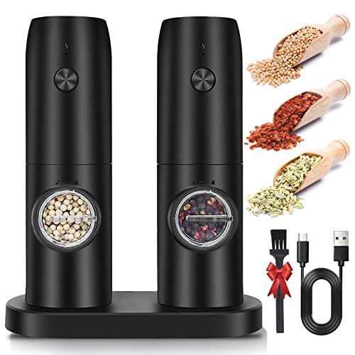 Electric Salt and Pepper Grinder Set, aKosco USB Rechargeable with LED Light, One Hand Operation Pepper Grinder, Adjustable Coarseness, Kitchen Gadgets Refillable Base, 2 Pack