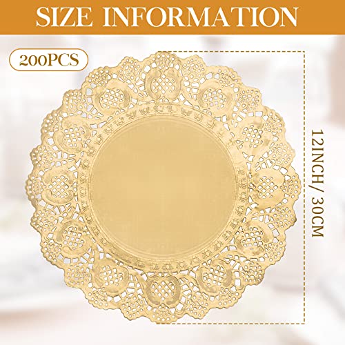 200 Pcs Gold Paper Doilies for Tables Set Lace Round Paper Placemats Decorative Disposable Placemats Doily Paper Pad for Dinner Plates Cake Dessert Crafts Wedding Tableware Party Decor (12 Inch)