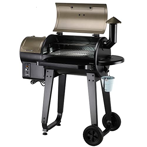 Z GRILLS Wood Pellet Smoker Grill with Foldable Front Shelf, Rain Cover, 459 sq in Cooking Area for Outdoor BBQ, Smoke, Bake and Roast (Bronze)