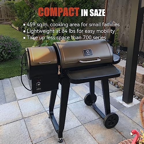 Z GRILLS Wood Pellet Smoker Grill with Foldable Front Shelf, Rain Cover, 459 sq in Cooking Area for Outdoor BBQ, Smoke, Bake and Roast (Bronze)