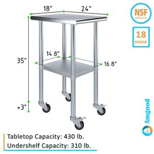 AmGood Stanless Steel Work Table with Casters | Mobile Metal Table (Stainless Steel Table + Casters, 18" Long x 24" Deep)