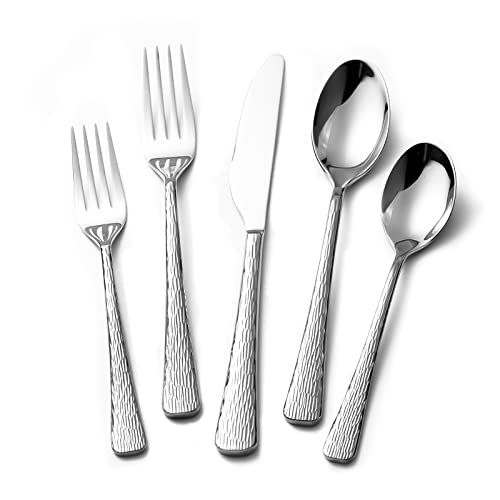 KINGSTONE Hammered Silverware Set, 40-Piece Flatware Set for 8, 18/10 Stainless Steel Premium Cutlery with Unique Ripple Handles Design Mirror Polished - Dishwasher Safe