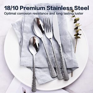 KINGSTONE Hammered Silverware Set, 40-Piece Flatware Set for 8, 18/10 Stainless Steel Premium Cutlery with Unique Ripple Handles Design Mirror Polished - Dishwasher Safe