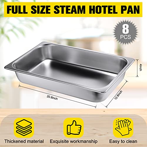 8 Pack Hotel Pans 1/1 Full Size 4" Deep Steam Table Pans 20.8"L x 12.8"W Hotel Pan 22 Gauge 0.8 mm Thick 304 Stainless Steel Anti Jam Steam Table Pan for Restaurant Food Warmer Cooking