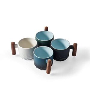 BlogBlog Ceramic Espresso Cups with Wooden Handle Espresso Shot Cups Ceramic Tea Cups Porcelain Demitasse Cups for Coffee or Tea, 3oz (Mixed, 4)