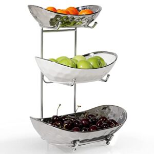 acliys fruit bowl, 3 tier ceramic fruit basket, 3 tier serving stand serving bowl with metal rack, porcelain kitchen bowls for fruit vegetable storage snack nuts dessert cake tray for party wedding