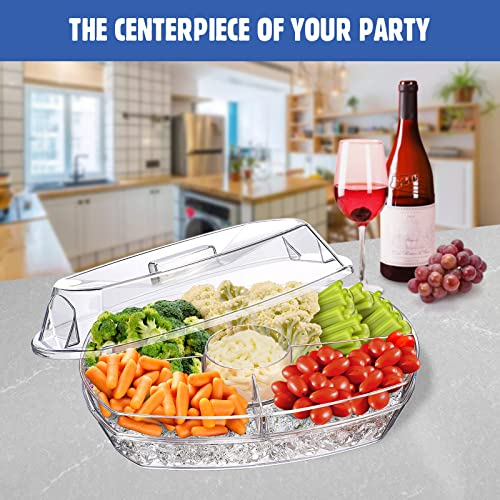 LIMOEASY Chilled Veggie Tray, 15 Inch Clear Party Platter with 4 Compartments, Ice Serving Bowl with Lid, Cold Food Buffet Server for Fruit, Vegetable, Appetizer, Shrimp