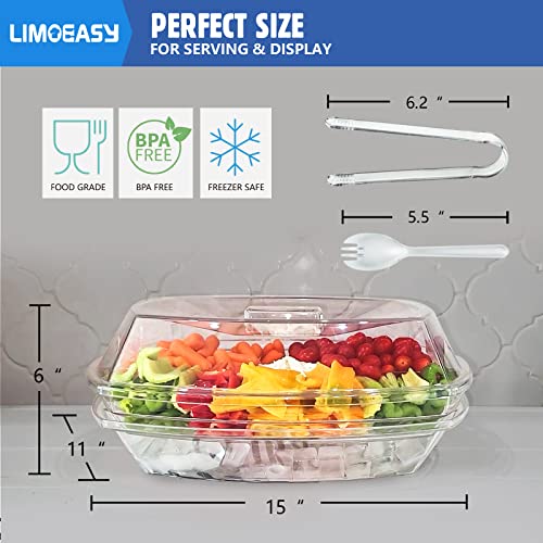 LIMOEASY Chilled Veggie Tray, 15 Inch Clear Party Platter with 4 Compartments, Ice Serving Bowl with Lid, Cold Food Buffet Server for Fruit, Vegetable, Appetizer, Shrimp