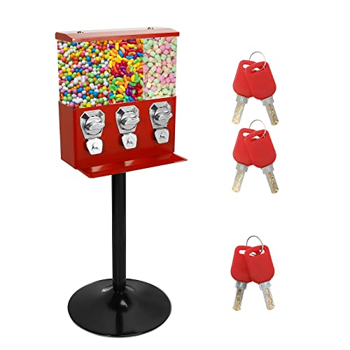 IRONWALLS Commercial Candy Vending Machines for Business, Red 3-Compartment Candy Gumball Vending Machine with Stand, Coin Operated Metal Candy Dispenser Vending Machine for 1”-1.3” Candies