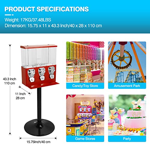 IRONWALLS Commercial Candy Vending Machines for Business, Red 3-Compartment Candy Gumball Vending Machine with Stand, Coin Operated Metal Candy Dispenser Vending Machine for 1”-1.3” Candies