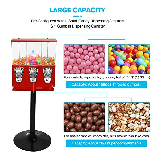 IRONWALLS Commercial Candy Vending Machines for Business, Red 3-Compartment Candy Gumball Vending Machine with Stand, Coin Operated Metal Candy Dispenser Vending Machine for 1”-1.3” Candies