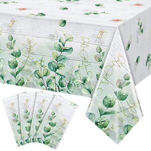 4 pack sage green eucalyptus leaf tablecloth decorations, plastic spring wood sage green tablecloth party decorations, green disposable table cover for baby shower birthday wedding party, 54x108 inch