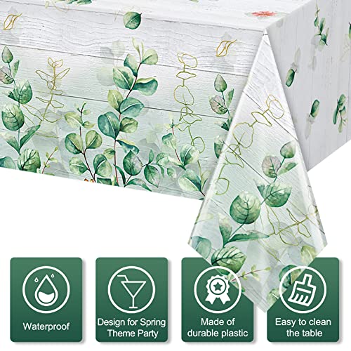 4 Pack Sage Green Eucalyptus Leaf Tablecloth Decorations, Plastic Spring Wood Sage Green Tablecloth Party Decorations, Green Disposable Table Cover for Baby Shower Birthday Wedding Party, 54x108 Inch