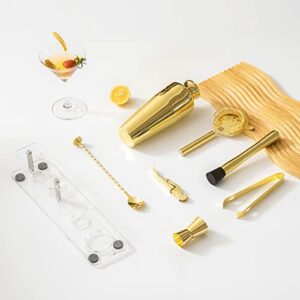 Btuqbu Cocktail Shaker Set with Arcylic Stand, Mixology Bartender Kit for Drink Mixing | Mixology Set with 7 Bar Set Tools Cocktail Kit (Gold)