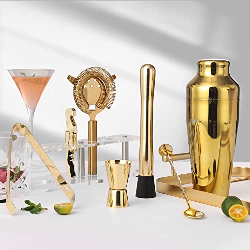 Btuqbu Cocktail Shaker Set with Arcylic Stand, Mixology Bartender Kit for Drink Mixing | Mixology Set with 7 Bar Set Tools Cocktail Kit (Gold)