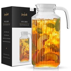 joyjolt 60oz glass pitcher with lid (2 lids) - beverage serveware and storage container for hot liquids or cold drinks. fridge pitcher, juice container, water jug, iced tea pitcher or milk pitcher