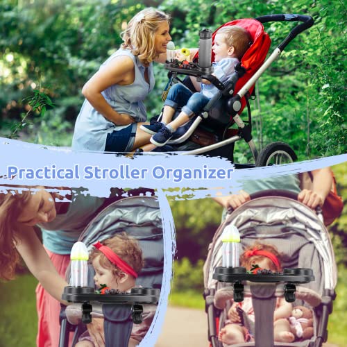 Stroller Snack Tray for 1.8" Flat Handrail Tubes, 3 in 1 Stroller Snack Attachment with Cup Holder, Multifunctional Stroller Organizer with Removable Non-Slip Grip Clip for Stroller Bumper Bars