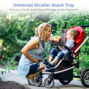 Stroller Snack Tray for 1.8" Flat Handrail Tubes, 3 in 1 Stroller Snack Attachment with Cup Holder, Multifunctional Stroller Organizer with Removable Non-Slip Grip Clip for Stroller Bumper Bars