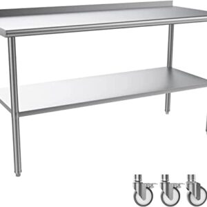 ROVSUN 60'' x 24'' Stainless Steel Table for Prep & Work,Commercial Heavy Duty Worktables & Workstations, Metal Table with Wheels for Kitchen, Restaurant,Home,Hotel