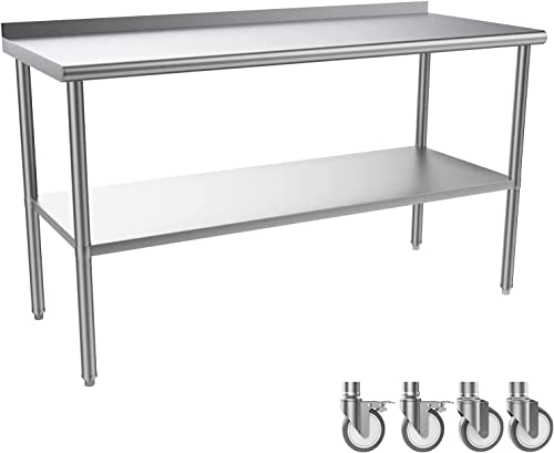 ROVSUN 60'' x 24'' Stainless Steel Table for Prep & Work,Commercial Heavy Duty Worktables & Workstations, Metal Table with Wheels for Kitchen, Restaurant,Home,Hotel