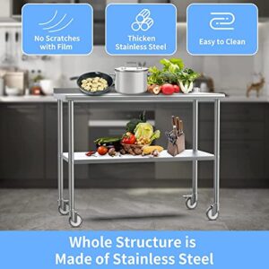 ROVSUN 60'' x 24'' Stainless Steel Table for Prep & Work,Commercial Heavy Duty Worktables & Workstations, Metal Table with Wheels for Kitchen, Restaurant,Home,Hotel