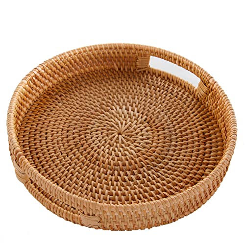 Round Rattan Serving Tray Decorative Woven Ottoman Trays for Coffee Table Natural Round Woven Tray (12 Inch)