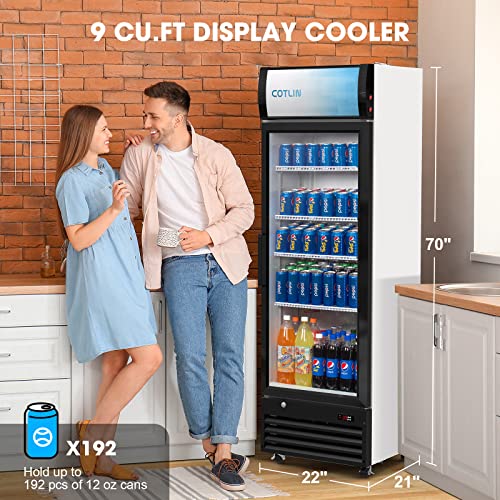 COTLIN Commercial Merchandiser Refrigerator with LED Lighting Single Glass Door, 9.0 Cu Ft Upright Display Beverage Cooler with Extra Shelves Drink Holders, ETL NSF Approved