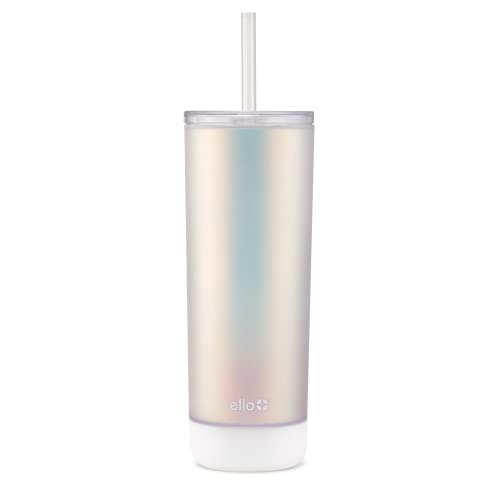 Ello Monterey 24oz Plastic Tumbler with Straw and Built-In Silicone Coaster, Premium Double Walled Insulation, Reusable Cup Perfect for Iced Coffee, BPA Free, Silver