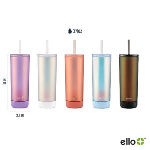 Ello Monterey 24oz Plastic Tumbler with Straw and Built-In Silicone Coaster, Premium Double Walled Insulation, Reusable Cup Perfect for Iced Coffee, BPA Free, Silver