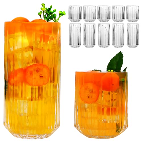 QAPPDA Drinking Glasses Set of 12,Clear Mixed Glassware Set,Vintage Ribbed 13oz Highball Glasses&10 oz Rocks Glasses,Origami Style Everyday Glassware for Cocktail,Whiskey,Juice,Water