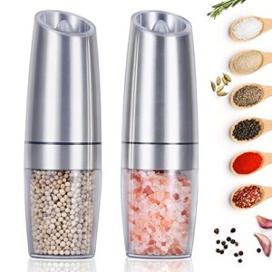 easycom gravity salt and pepper mill set, battery powered with led light, adjustable coarseness, one hand automatic pepper mill for kitchen and bbq, 2 pack, silver