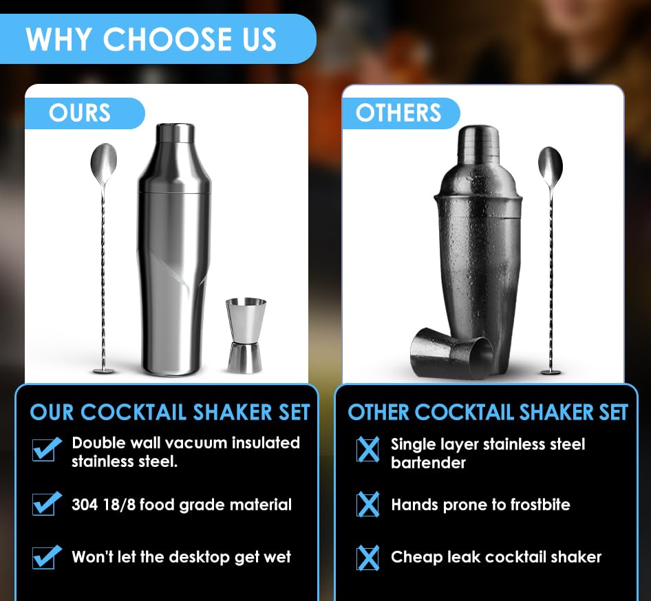 Cocktail Shaker Haraye Premium Vacuum Insulated Stainless Steel Martini Shaker Cocktail Shaker Bar Set 18/8 Drink Shaker Home Margarita Shaker Bar Shaker Alcohol Shaker Can be Used for Gifts