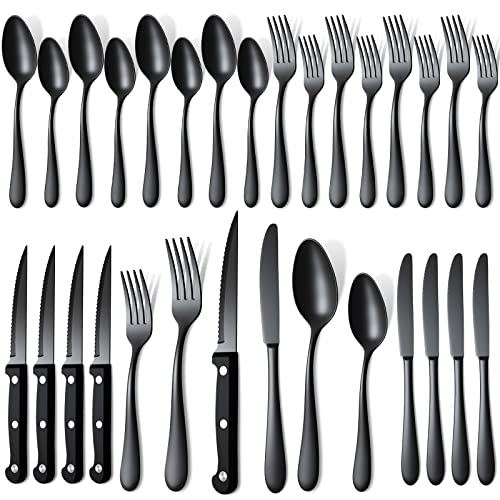 Moretoes Black Silverware Set, 24Pcs, Silverware Set, Set with Steak Knives for 4, Stainless Steel Cutlery Set, Utensil Sets, Flatware Sets, Include Knife Fork Spoon Set