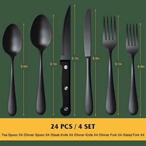 Moretoes Black Silverware Set, 24Pcs, Silverware Set, Set with Steak Knives for 4, Stainless Steel Cutlery Set, Utensil Sets, Flatware Sets, Include Knife Fork Spoon Set