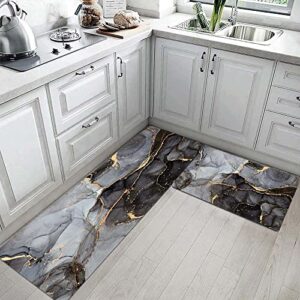 bisead luxury black and gray marble kitchen rugs and mats anti fatigue pvc leather kitchen rugs set of 2 non-slip waterproof comfort standing floor mat for kitchen sink laundry 17.3"×29"+17.3"x47"