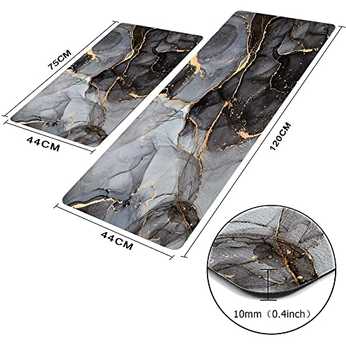 Bisead Luxury Black and Gray Marble Kitchen Rugs and Mats Anti Fatigue PVC Leather Kitchen Rugs Set of 2 Non-Slip Waterproof Comfort Standing Floor Mat for Kitchen Sink Laundry 17.3"×29"+17.3"X47"