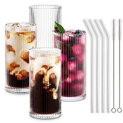 Combler Glass Cups with Straws, Drinking Glasses 12.5oz, Ribbed Glassware Set of 4, Iced Coffee Cup, Coffee Bar Accessories, Vintage Glassware Sets for Beer Smoothie Whiskey Cocktail Glasses, Gifts