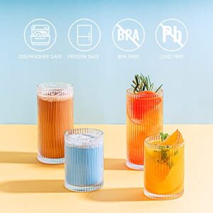 Combler Glass Cups with Straws, Drinking Glasses 12.5oz, Ribbed Glassware Set of 4, Iced Coffee Cup, Coffee Bar Accessories, Vintage Glassware Sets for Beer Smoothie Whiskey Cocktail Glasses, Gifts