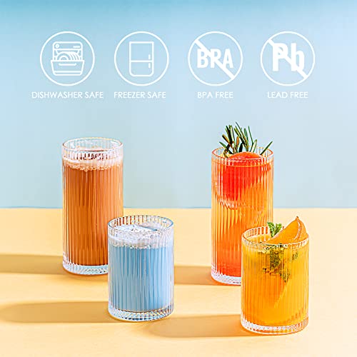 Combler Glass Cups with Straws, Drinking Glasses 12.5oz, Ribbed Glassware Set of 4, Iced Coffee Cup, Coffee Bar Accessories, Vintage Glassware Sets for Beer Smoothie Whiskey Cocktail Glasses, Gifts