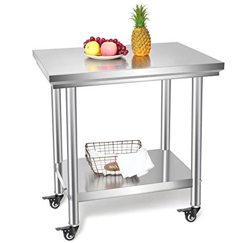 Stainless Steel Table with Wheels Caster 31.5 x 23.6 Inch Commercial Heavy Duty Table Prep Work Metal Table Stainless Steel Cart with Undershelf and Galvanized Legs for Kitchen Restaurant Home Outdoor